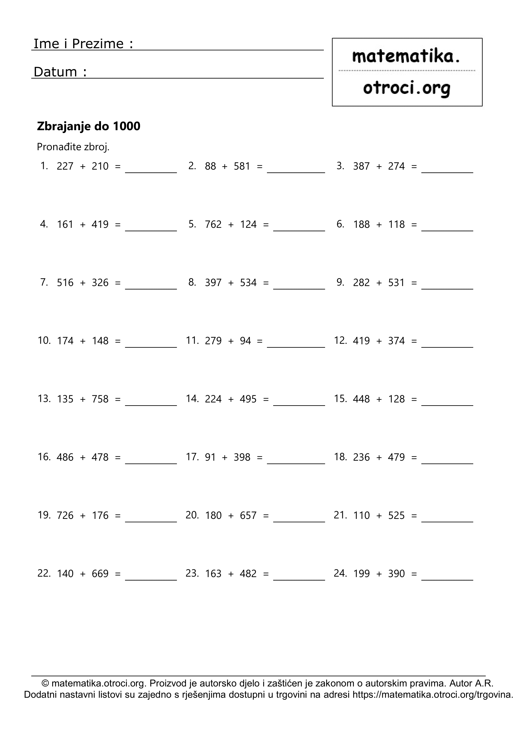 3.R. Brojevi do 1000 - matematika