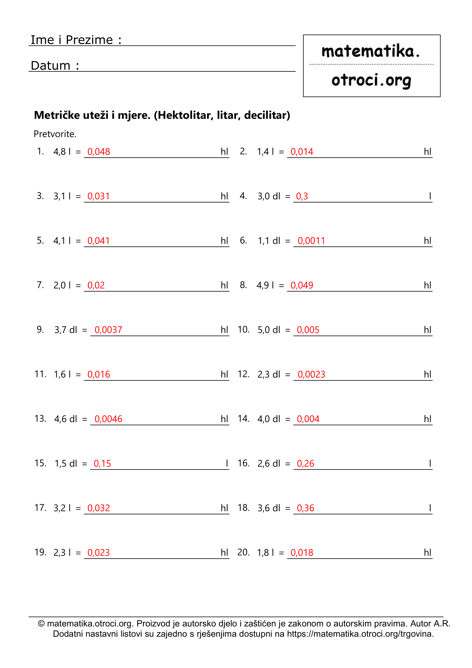 6.R. Mjerenje – hektolitar, litar, decilitar - matematika