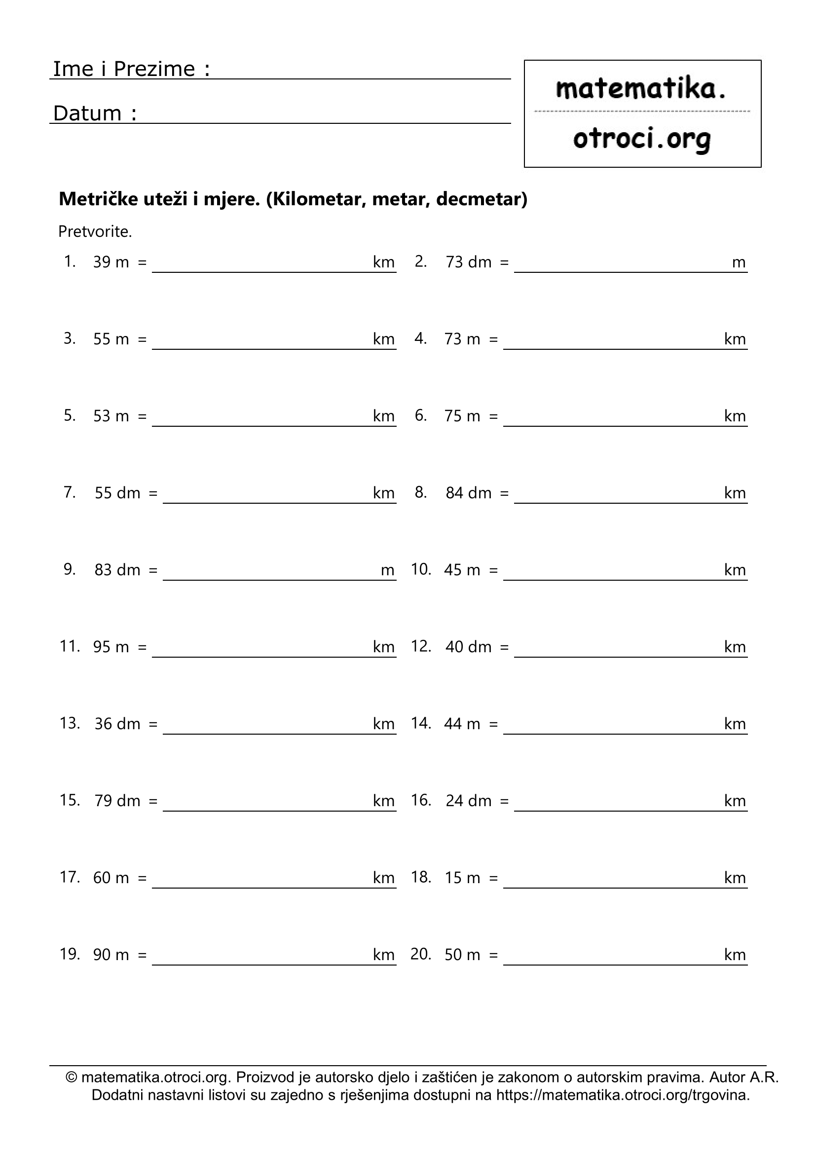 5.R. Mjerjenje – Kilometar, metar, decimetar - matematika