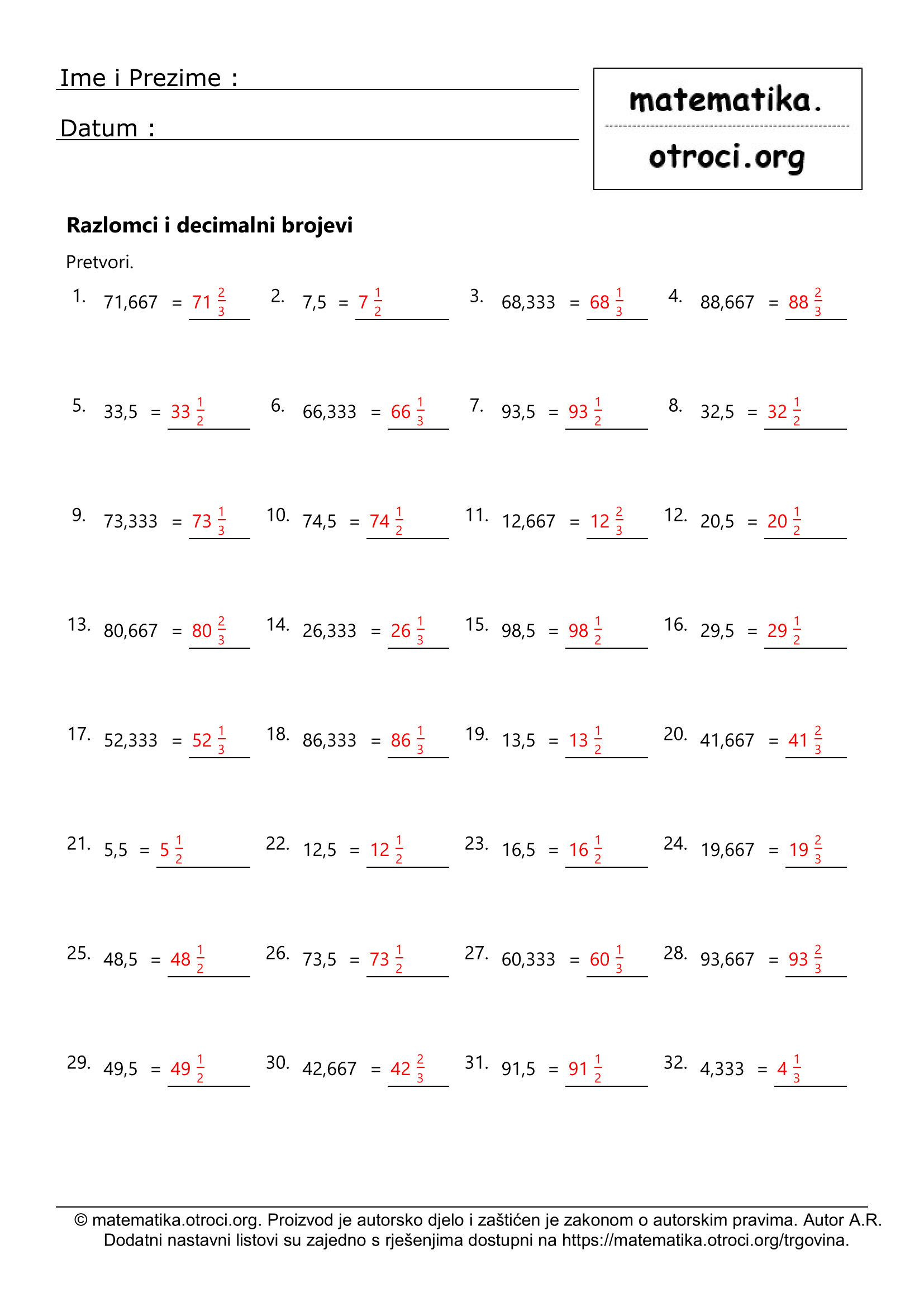 6.R. Razlomci i decimalni brojevi - matematika