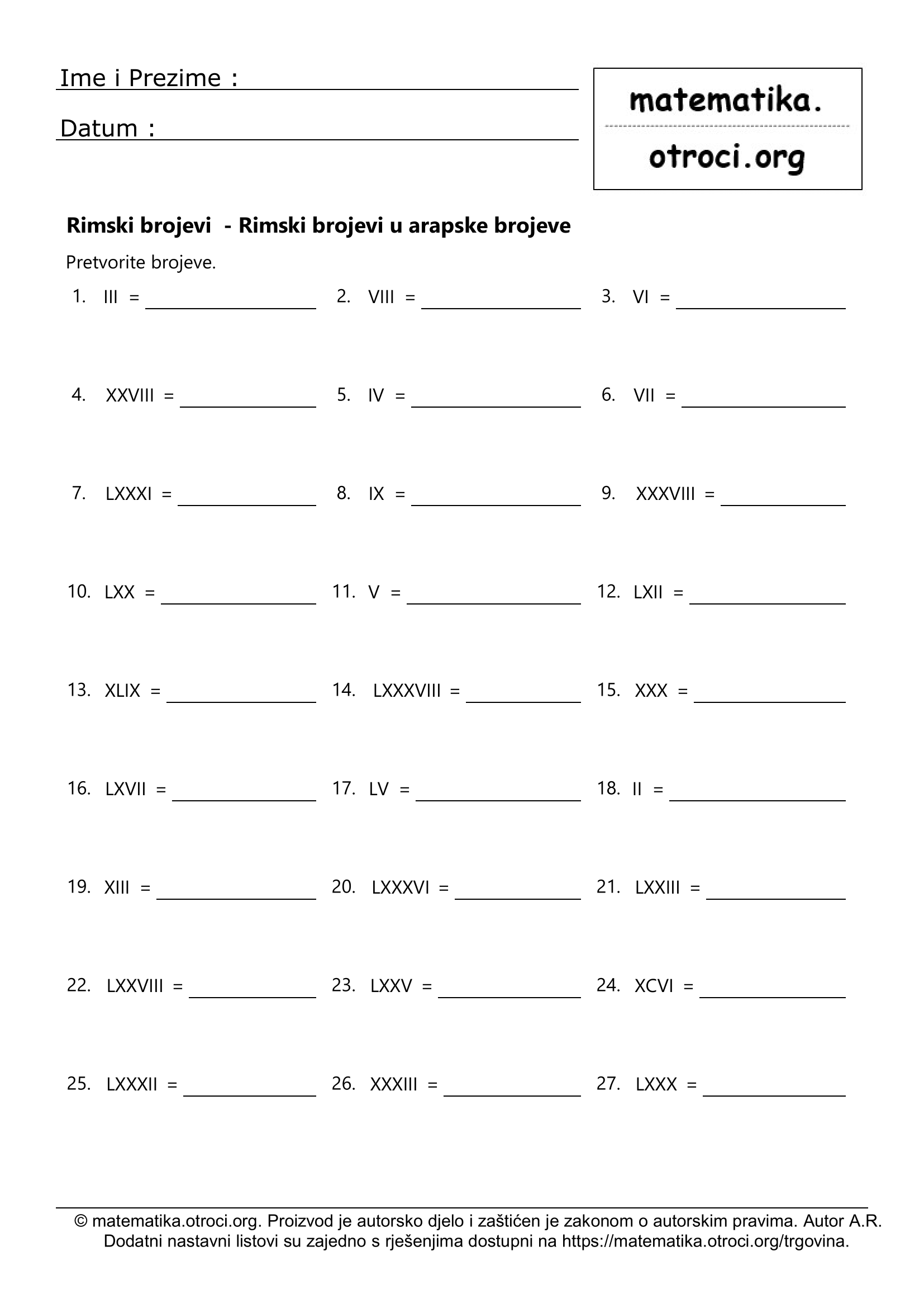 6.R. Rimski brojevi (Rimski u Arapske) - matematika