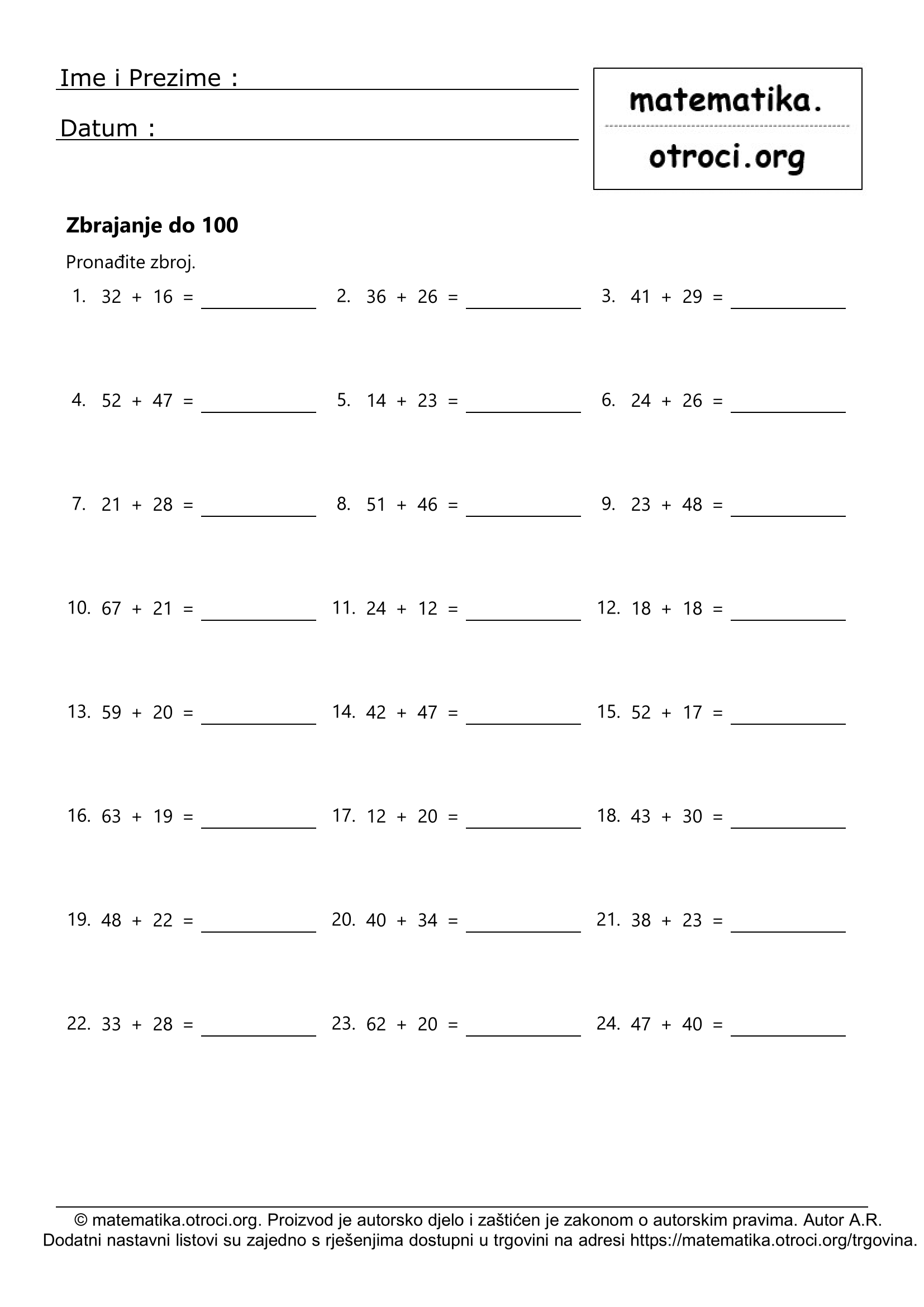 2.R. Zbrajanje do 100 - matematika