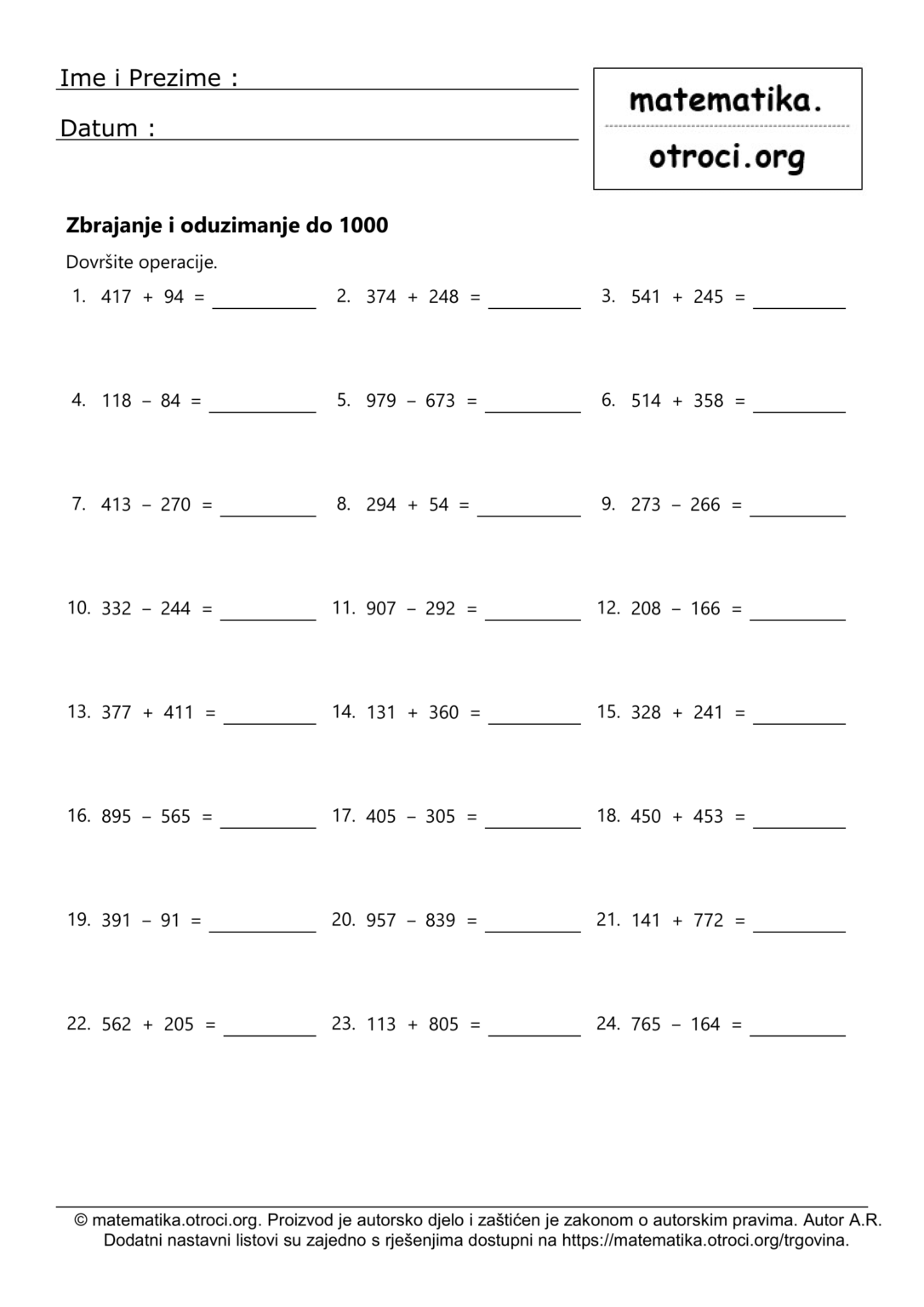 3.R. Zbrajanje i oduzimanje do 1000 - matematika