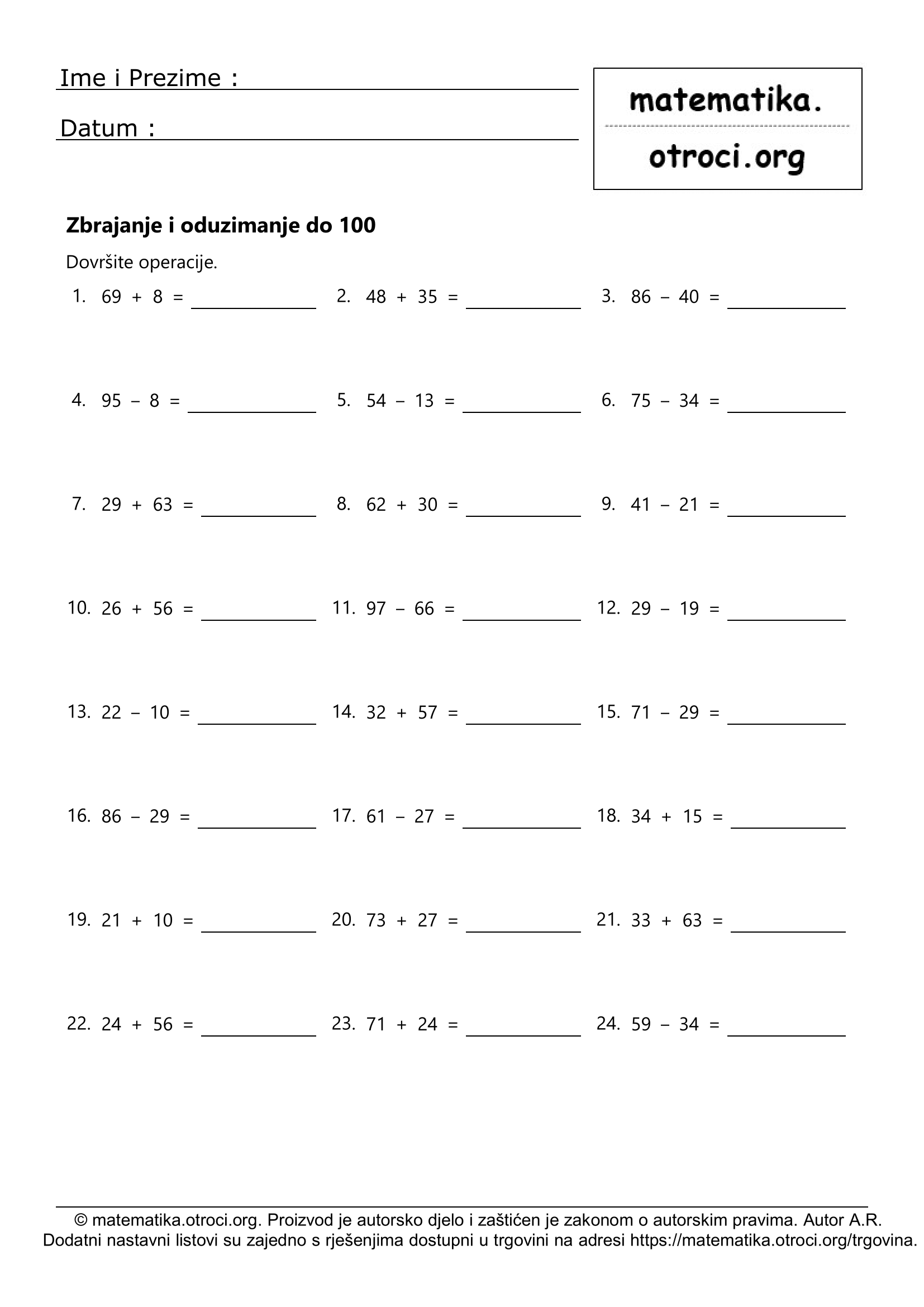 2.R. Zbrajanje i Oduzimanje do 100 - matematika