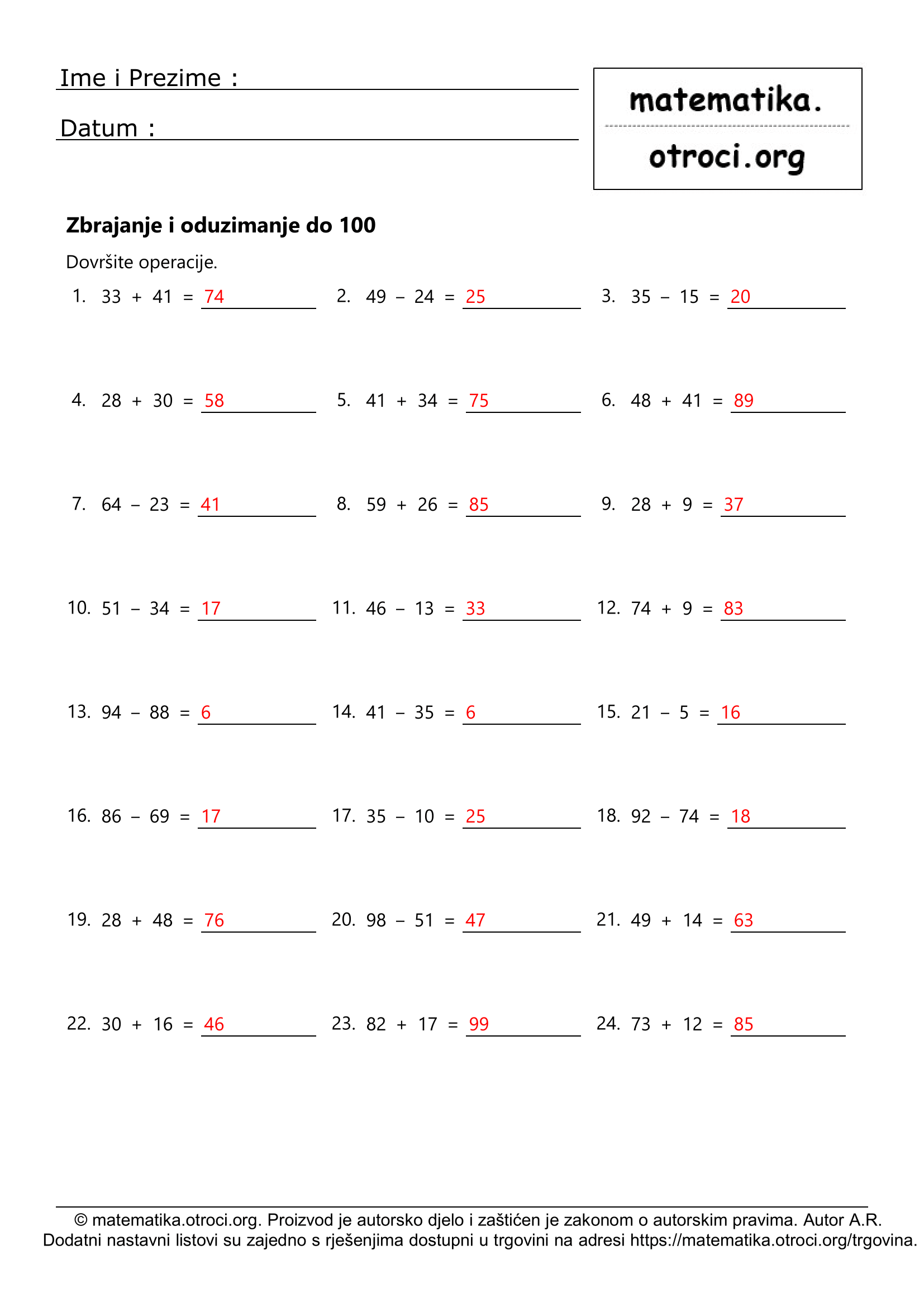 2.R. Zbrajanje i Oduzimanje do 100 - matematika