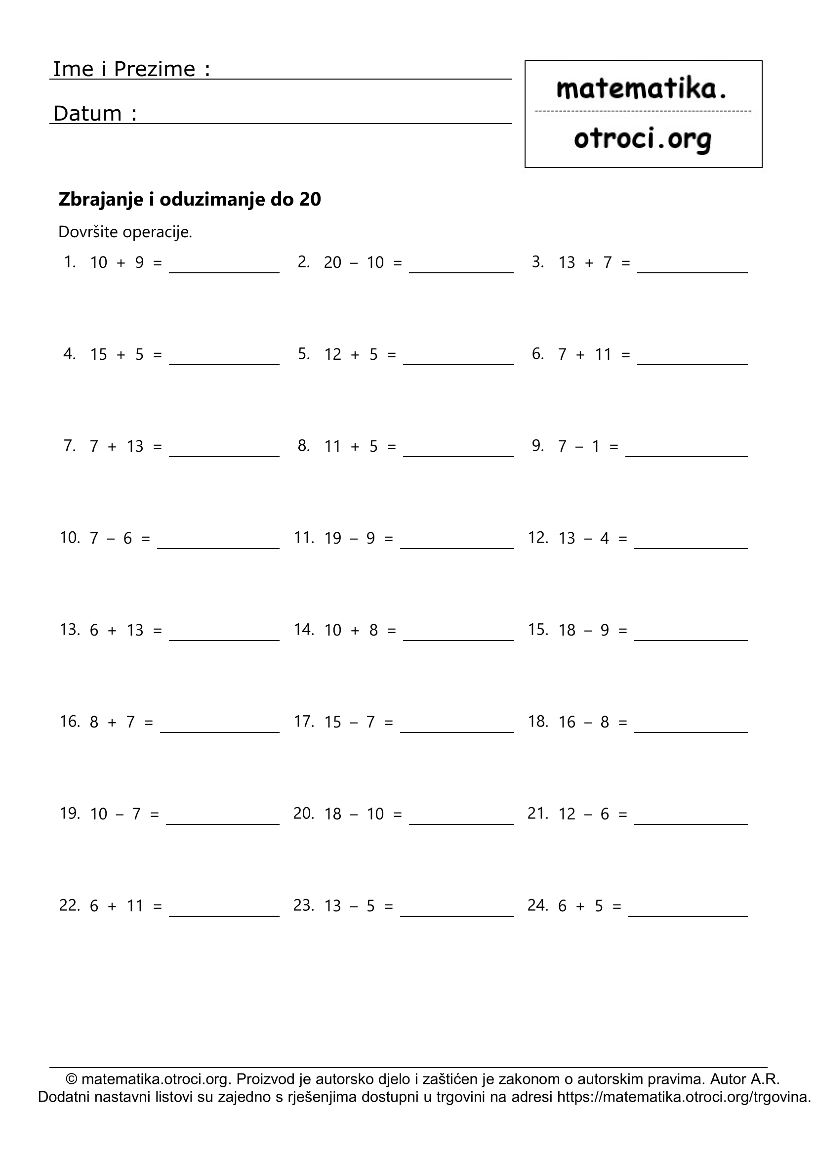 2.R. Zbrajanje i Oduzimanje do 20 - matematika