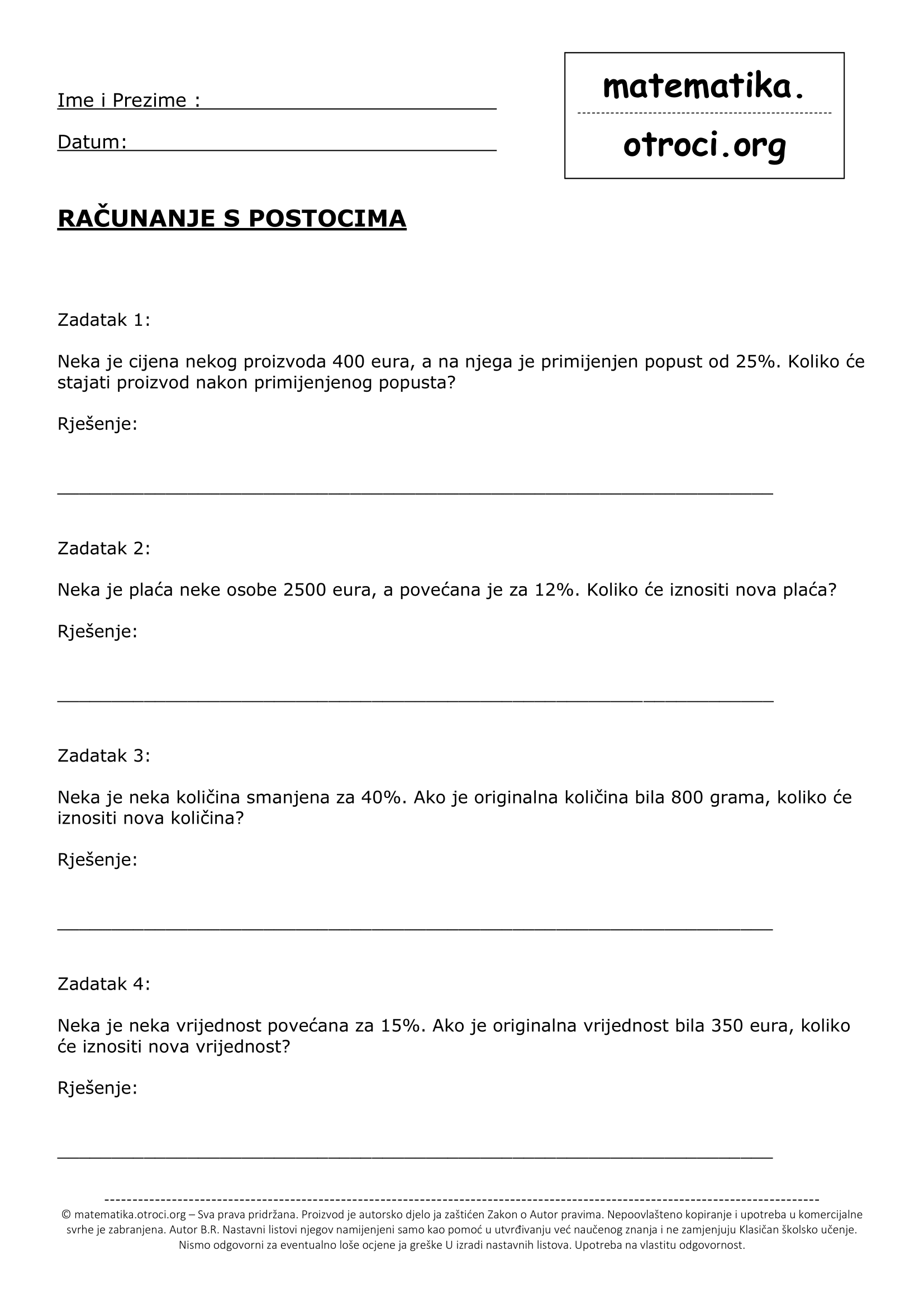 7.R. Računanje s postocima - matematika