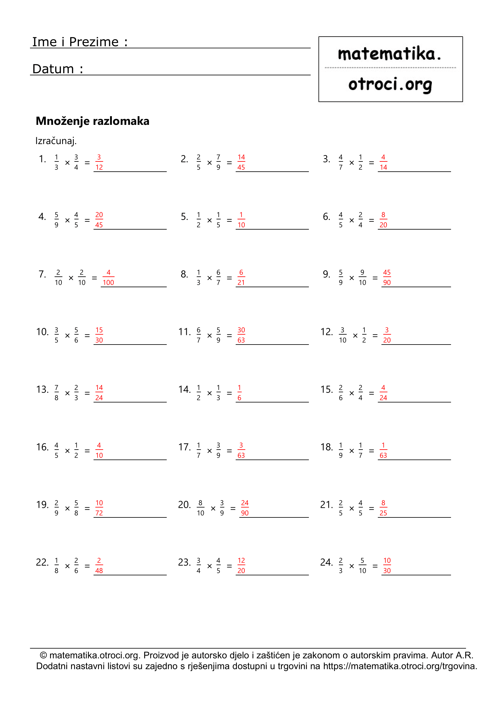 7.R. Razlomci – Množenje - matematika